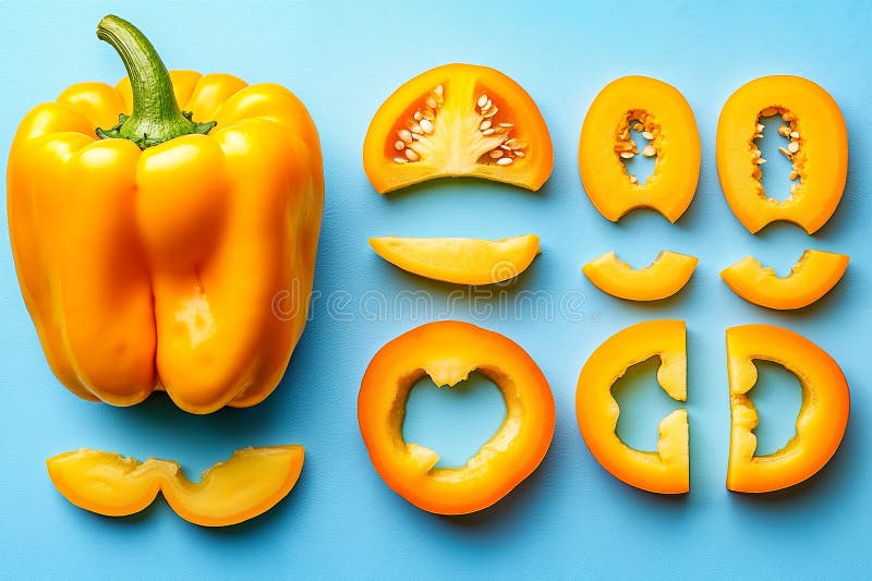 A Yellow Bell Pepper Cut in Half and Sliced in Half on a Blue ...