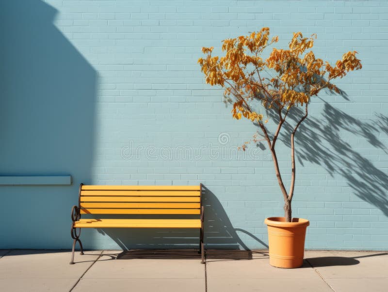 A Yellow Bench Next To a Tree Stock Illustration - Illustration of fall ...