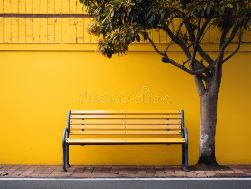 A Yellow Bench Next To a Tree in Front of a Wall Stock Illustration ...