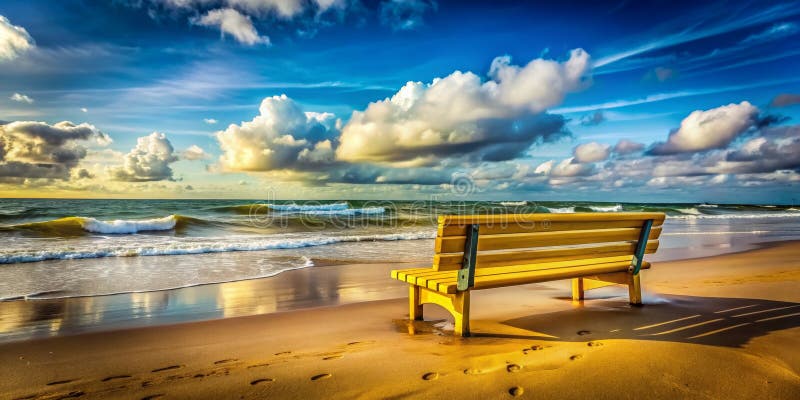 Yellow Bench on a Sandy Beach with Rolling Waves, Blue Sky, Beach ...