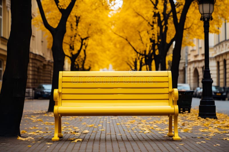 Yellow Bench Sitting on Sidewalk in Front of Trees. Generative AI Stock ...