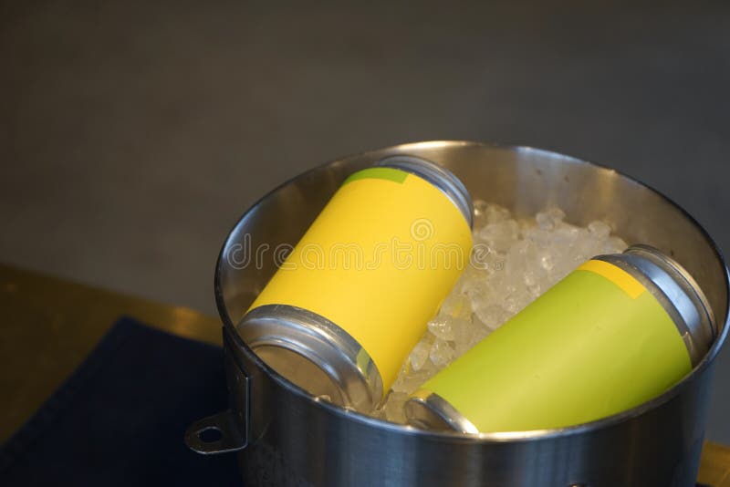 Yellow Beverage Cans in Ice Bucket Stock Image - Image of breakfast ...