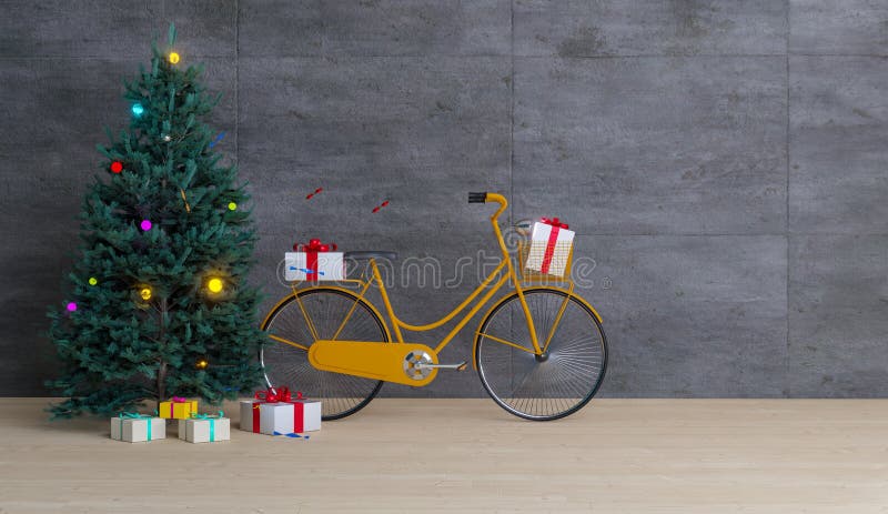 Yellow Bicycle with Gift Box and Christmas Tree Mockup Design Stock ...