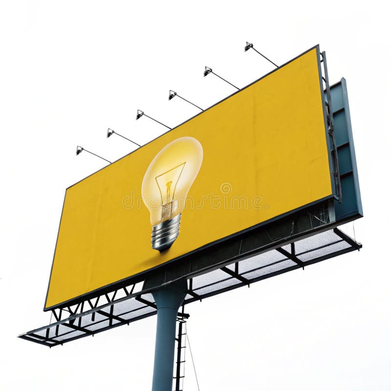 Yellow Billboard with Light Bulb Isolated on White Background Stock ...