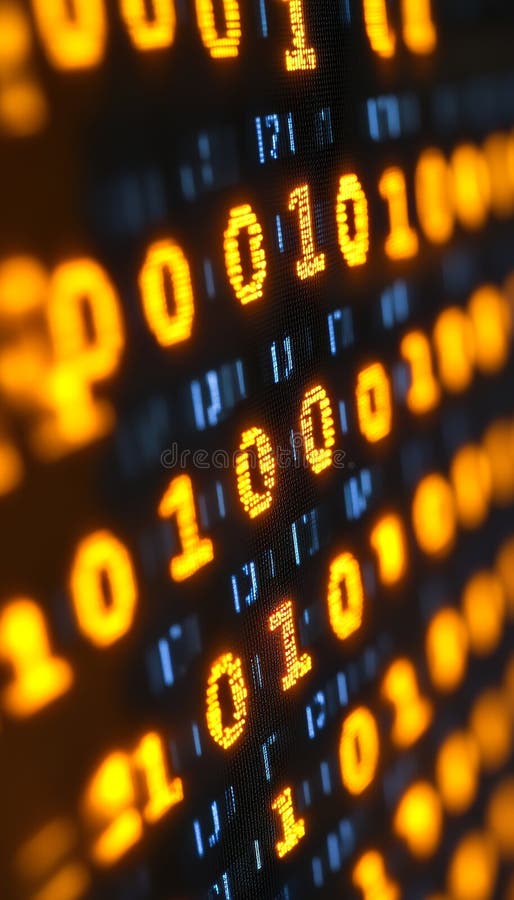 Yellow Binary Code Data Flowing on Computer Screen, Digital Information Technology Background ...