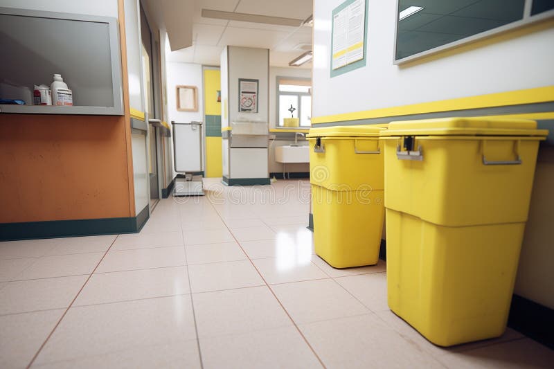 Yellow Biohazard Bins in a Medical Facility Hallway Stock Illustration ...