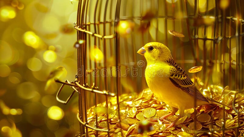 A Yellow Bird in a Cage with Gold Coins Stock Photo - Image of parrot ...