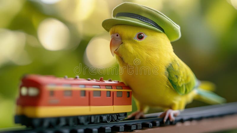 A Yellow Bird with a Green Hat Standing Next To Toy Train, AI Stock ...