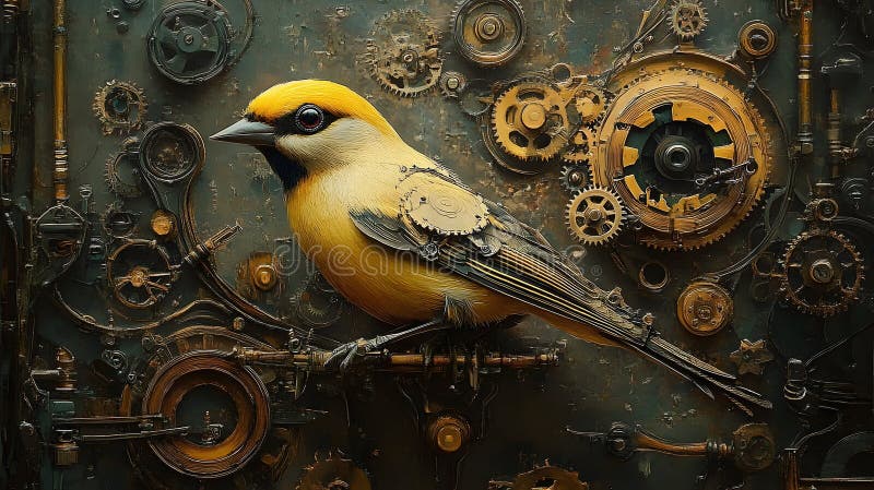 Yellow Bird Perched Amidst a Complex Steampunk Clockwork Design Stock ...