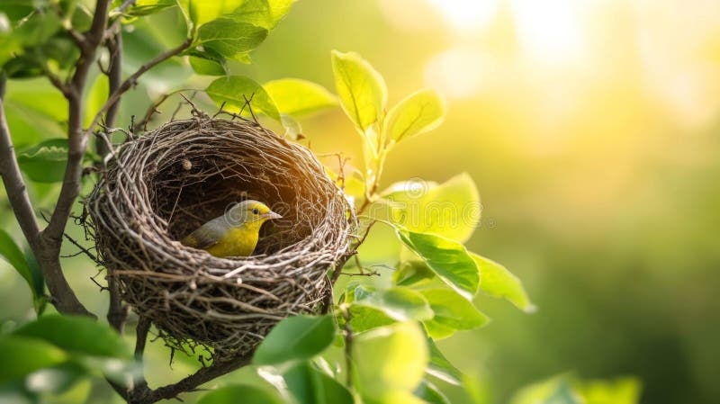 Yellow Bird Resting Inside Nest in Tree Stock Illustration ...
