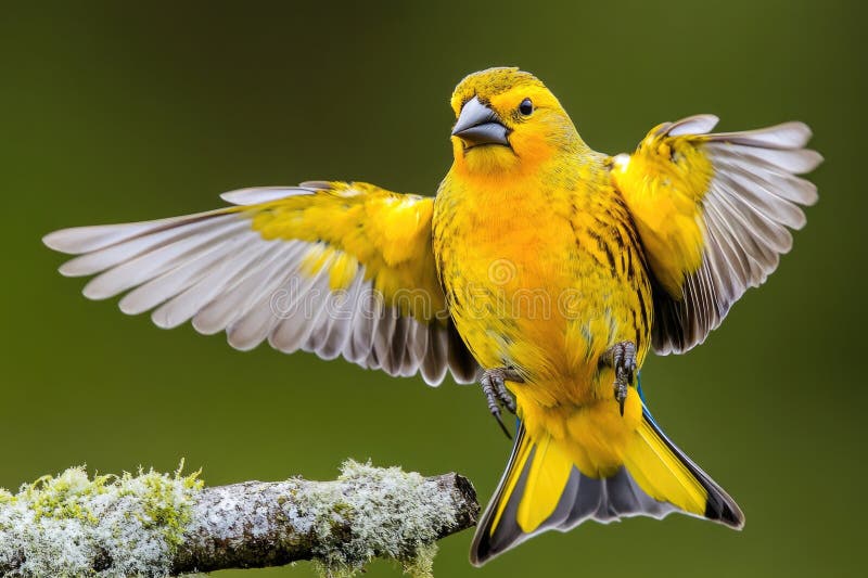 A Yellow Bird Sits on a Branch, Flapping Its Wings Stock Photo - Image ...