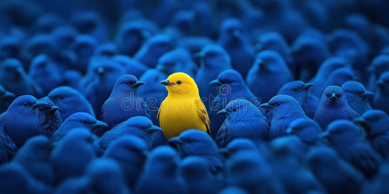 Yellow Bird Stands Out among Blue Birds in Striking Visual Contrast ...
