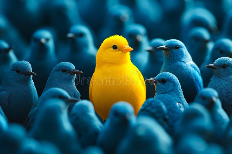 A Yellow Bird Standing Out from a Crowd of Blue Birds Stock Photo ...