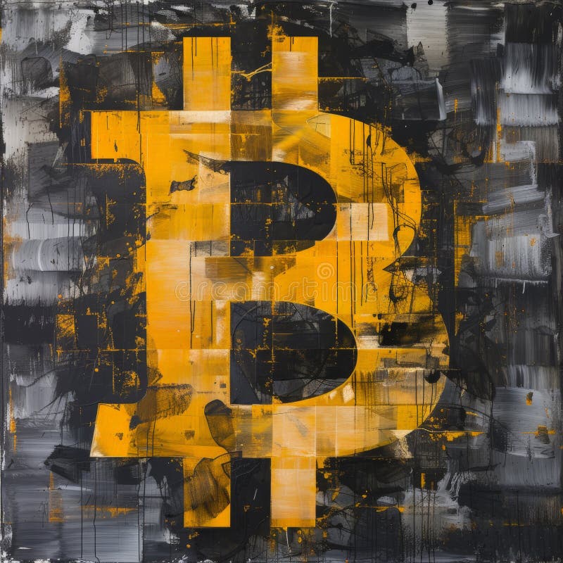 Yellow Bitcoin Logo on Black Background, Visible Brush Ductus Stock ...
