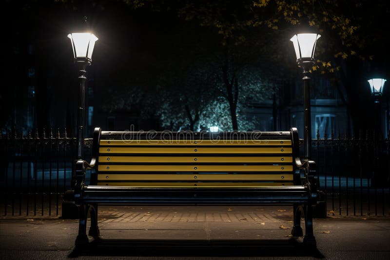 A Yellow and Black Bench Sitting Under a Street Light at Night Stock ...