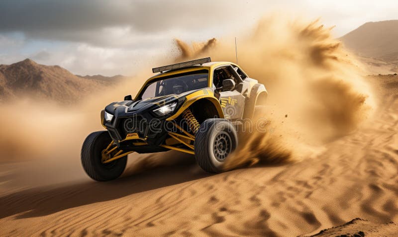 A Yellow and Black Buggy Racing Across the Sandy Desert Stock Photo ...