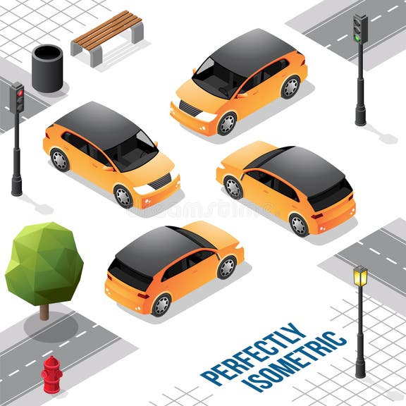 Yellow and Black Isometric Hatchback Car from Front Back Right and Left ...
