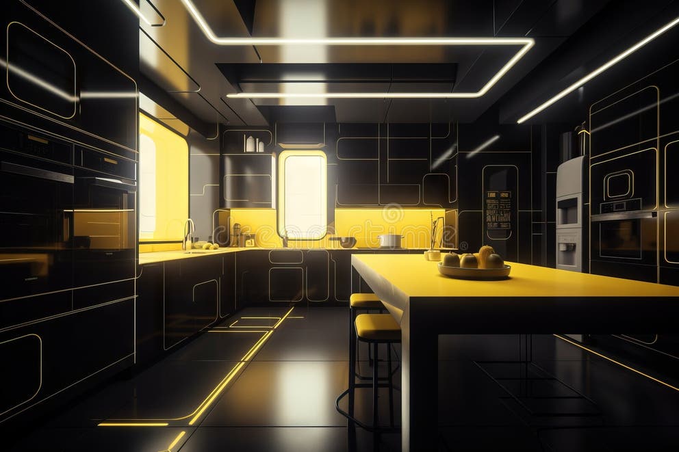 A Yellow and Black Kitchen with a Yellow Counter Top and Yellow Stools ...