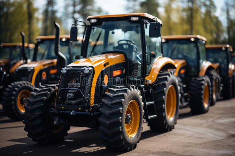 A Yellow Black Machines Parked with a Other Tractor in Parking ...