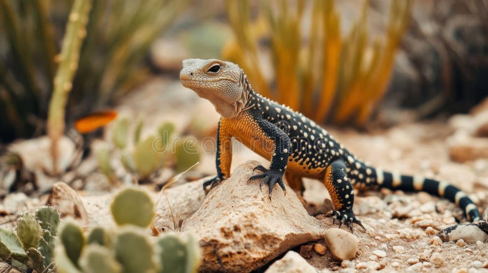 Yellow and Black Spotted Lizard on Desert Rock Stock Illustration ...