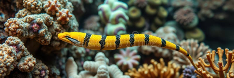 Yellow and Black Striped Eel Swims Gracefully among Vibrant Coral Reef ...