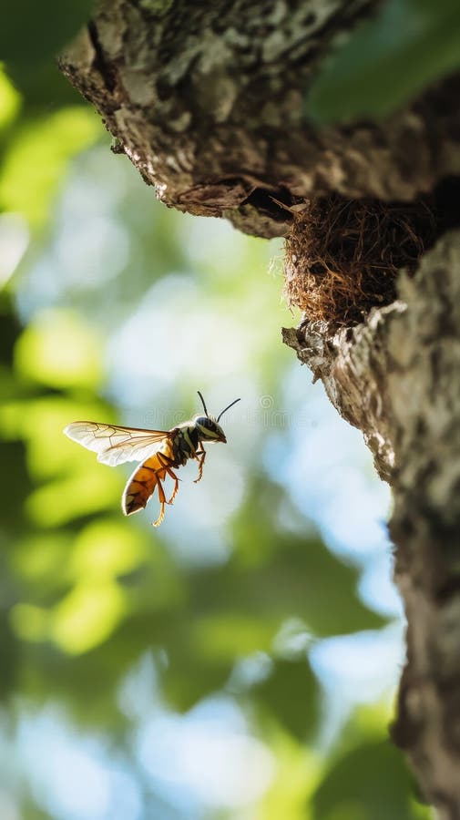 A Yellow and Black Striped Wasp in Mid Flight Approaches a Textured ...