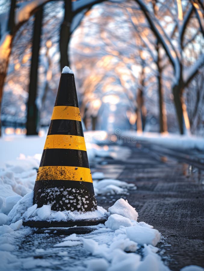 A Yellow and Black Traffic Cone on a Snowy Pathway. Stock Photo - Image ...