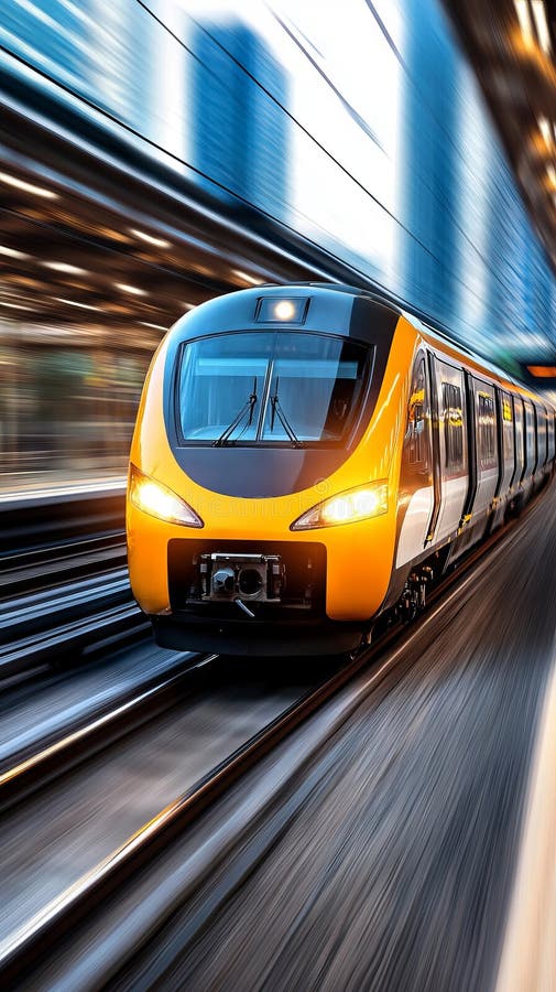 A Yellow and Black Train Traveling through a City at Night Stock Photo ...