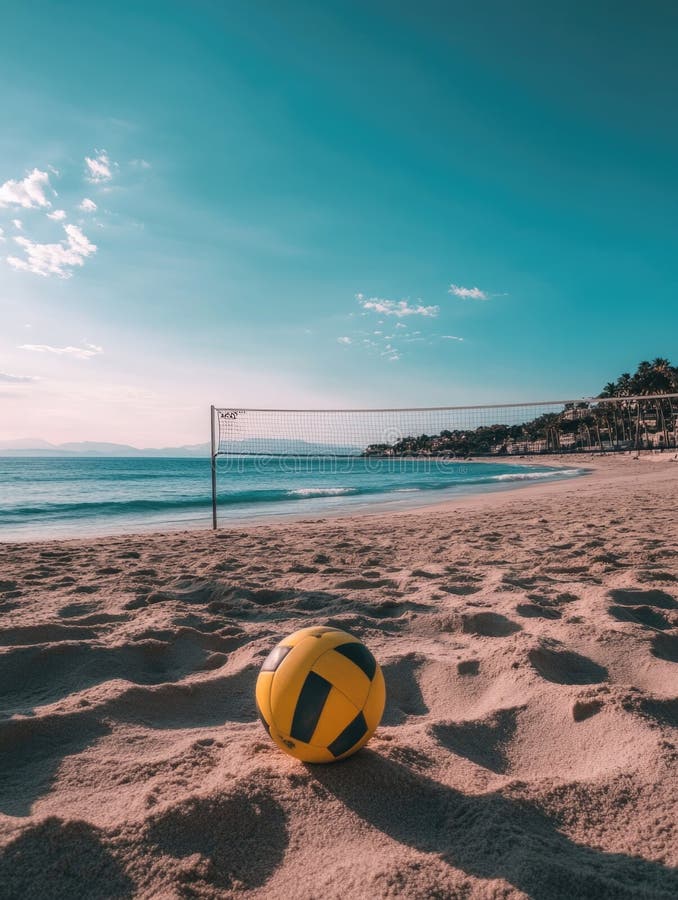 Yellow and Black Volleyball Ball on Sandy Beach Stock Image - Image of ...