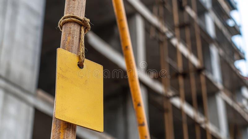 Yellow Blank Tag Hanging from a Rope on a Scaffolding Pole, Adding a ...