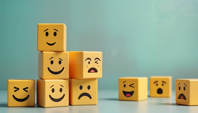 Yellow Blocks with Faces Illustrate Customer Feedback. Happy Faces ...