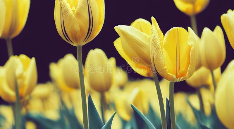 Yellow Blooming Tulip Flower on Smooth Stems with Leaves. Stock ...