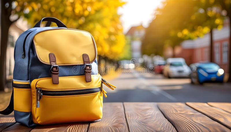 Yellow and Blue Backpack on Wooden Table Stock Illustration ...