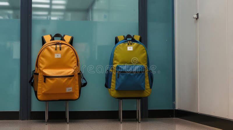 Yellow and Blue Backpacks in Office Stock Illustration - Illustration ...