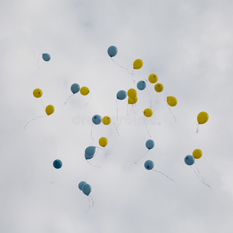 Yellow and Blue Balloons Flying To the Sky Stock Image - Image of ...