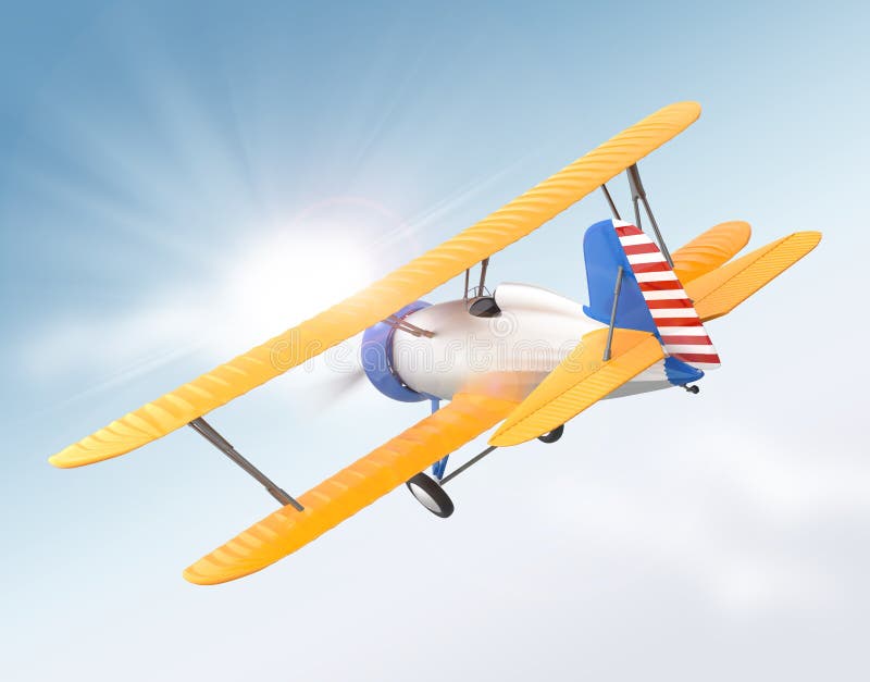 A Yellow Biplane Is Flying In The Blue Sky Stock Image - Image of ...