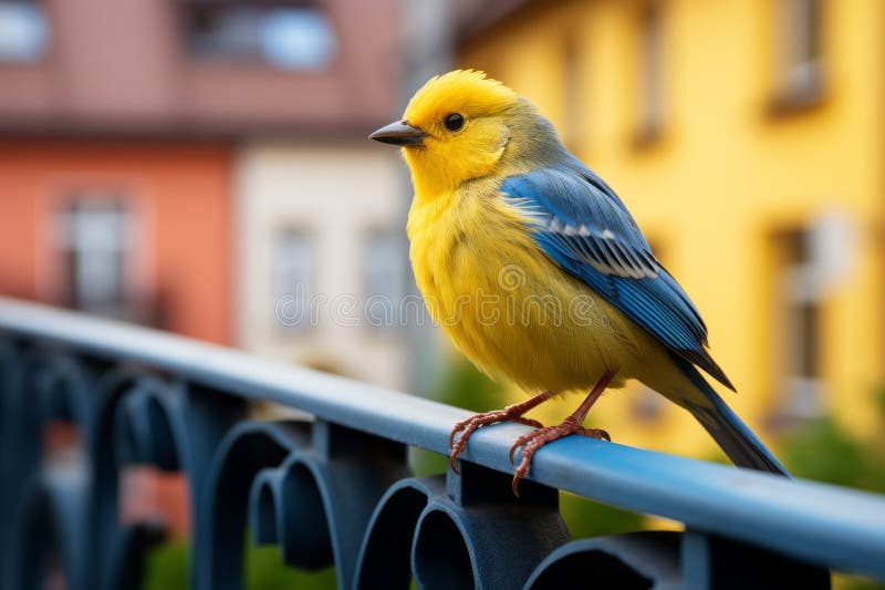 A Yellow and Blue Bird Sitting on a Railing Stock Illustration ...