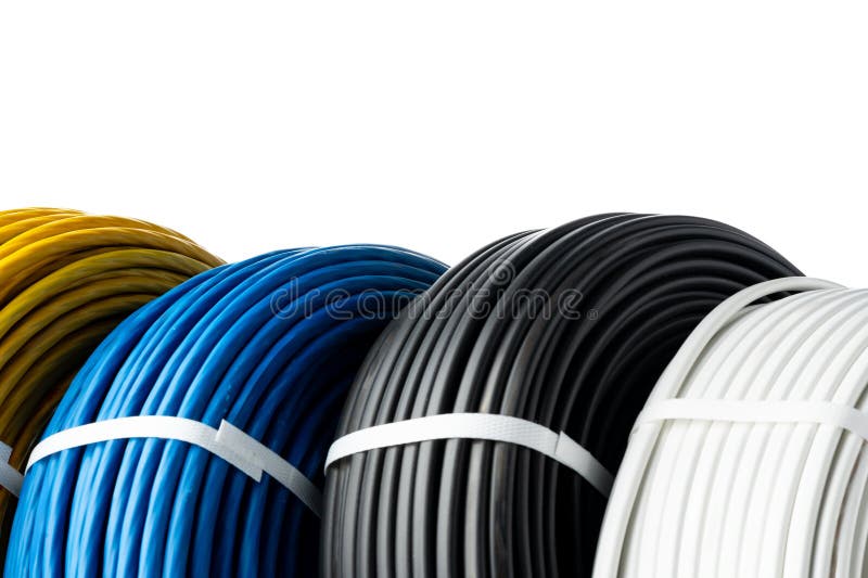Four Spools of Electrical Wire in Yellow, Blue, Black, and White Colors ...