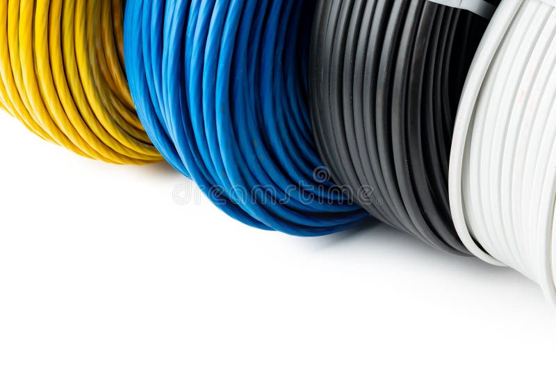 Four Spools of Electrical Wire in Yellow, Blue, Black, and White Colors ...