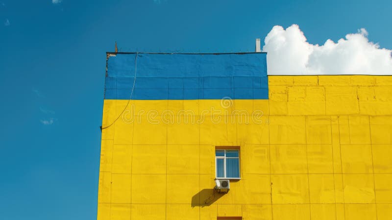 Yellow and Blue Building Facade with Blue Windows Against a Clear Sky ...