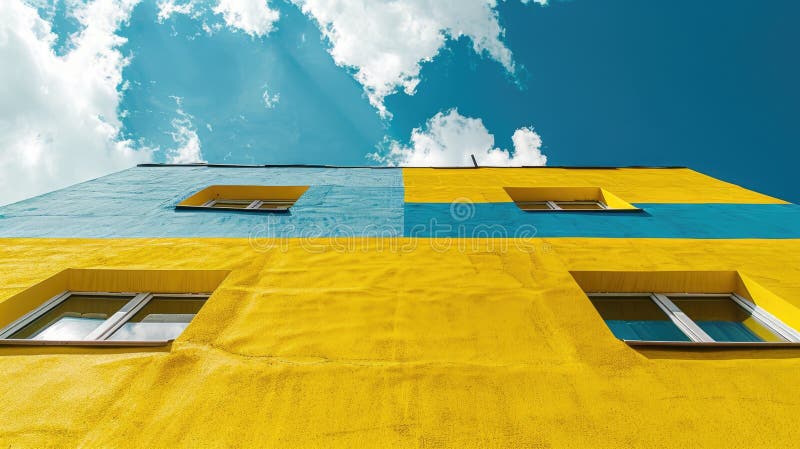 Yellow and Blue Building Facade with Blue Windows Against a Clear Sky ...
