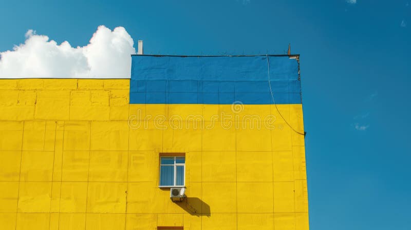 Yellow and Blue Building Facade with Blue Windows Against a Clear Sky ...