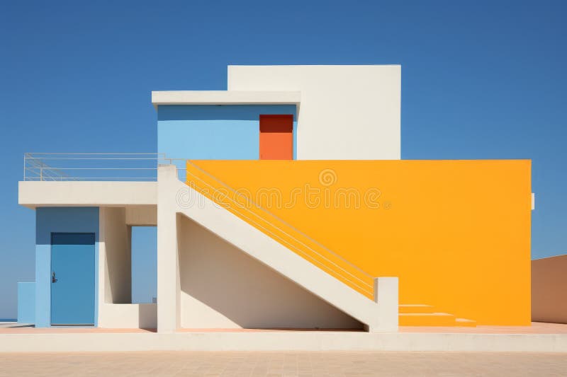 A Yellow and Blue Building with a Stair Case Stock Illustration ...