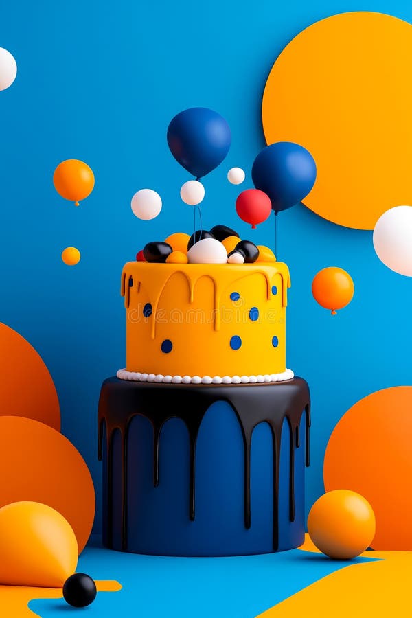 A Yellow and Blue Cake with Balloons Floating Around it Stock ...