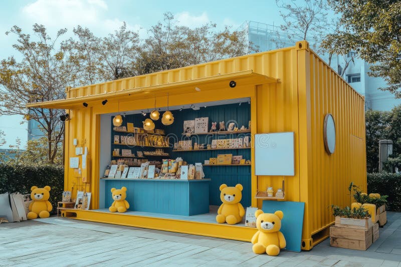 A Yellow and Blue Container Store with a White Board on the Wall Stock ...
