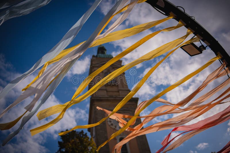 Yellow and Blue Fabric Ribbons Flutter in the Wind Against the ...