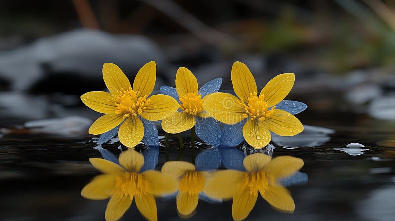 Yellow and Blue Flowers Reflecting in a Stream Stock Illustration ...