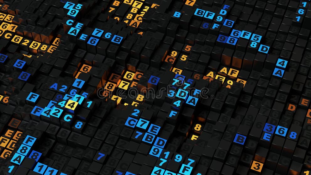 Yellow and Blue HEX Programming Code 3D Rendering Stock Illustration ...