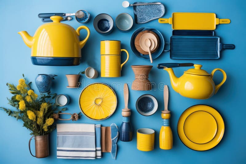 Yellow and Blue Items Background, Flat Lay. Generative AI Stock ...