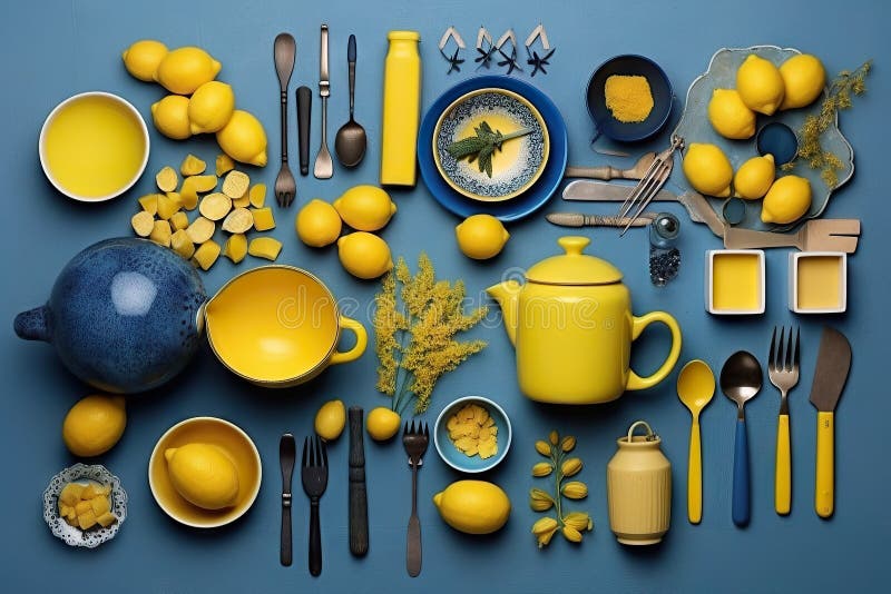 Yellow and Blue Items Background, Flat Lay. Generative AI Stock ...